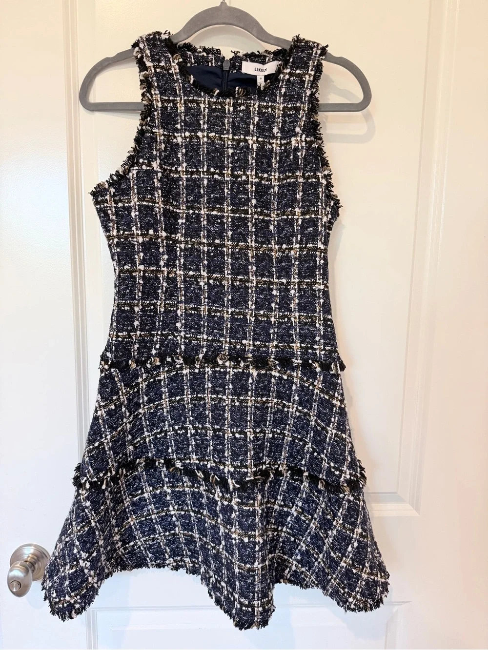 Likely | Dresses | Likely Navy White And Tan Tweed Fringe Shift Dress ...